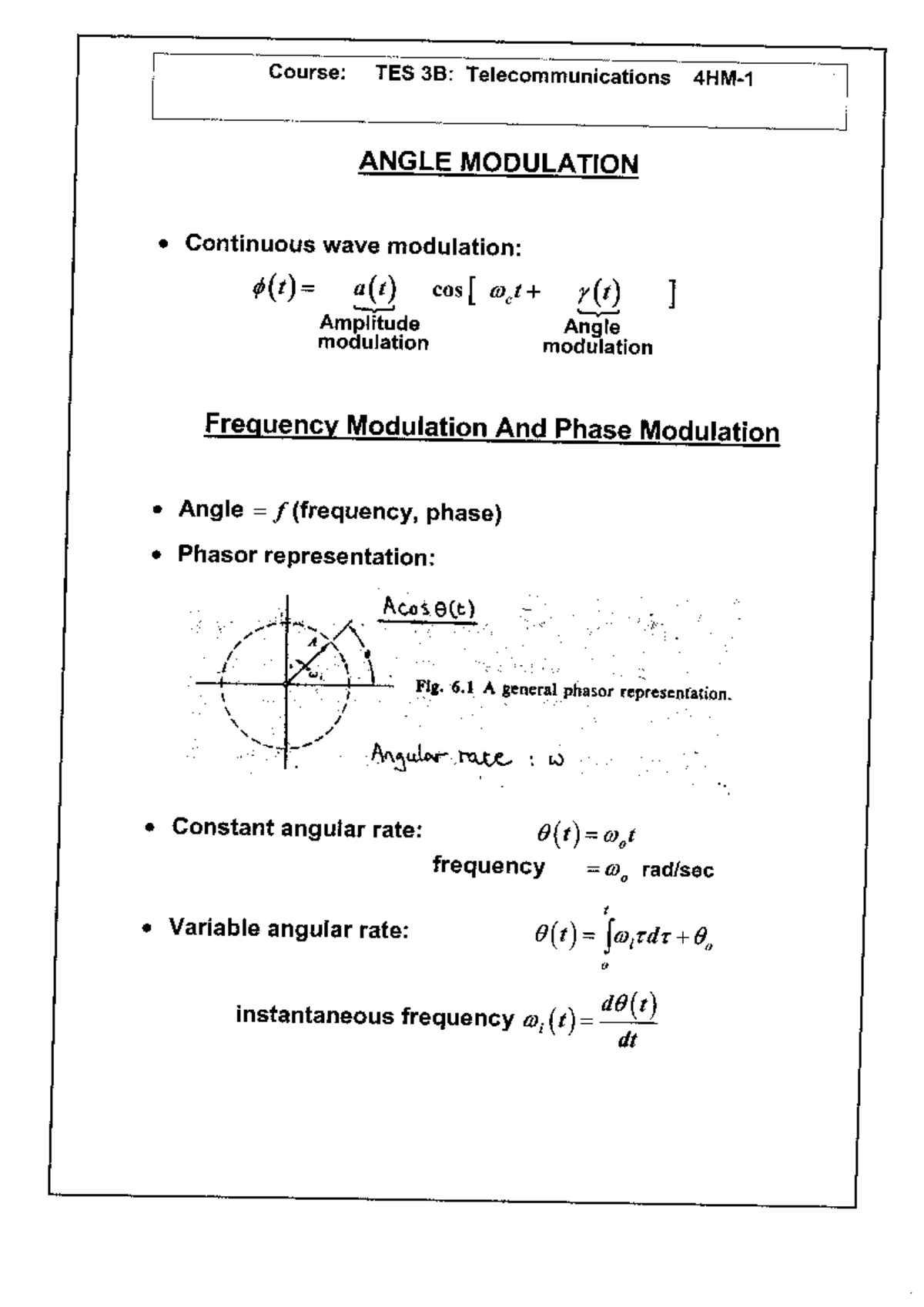 Angle Modulation part1 - Course: TES 3B: Telecommunications ANGLE ...