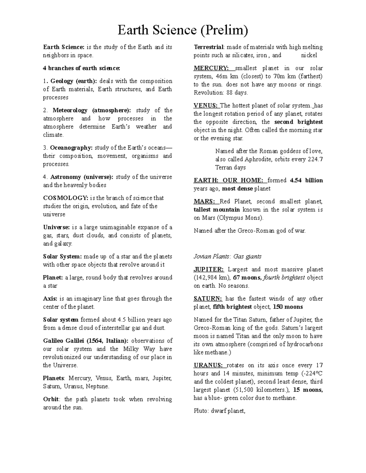 Earth Science - 4 branches of earth science: Geology (earth): deals ...