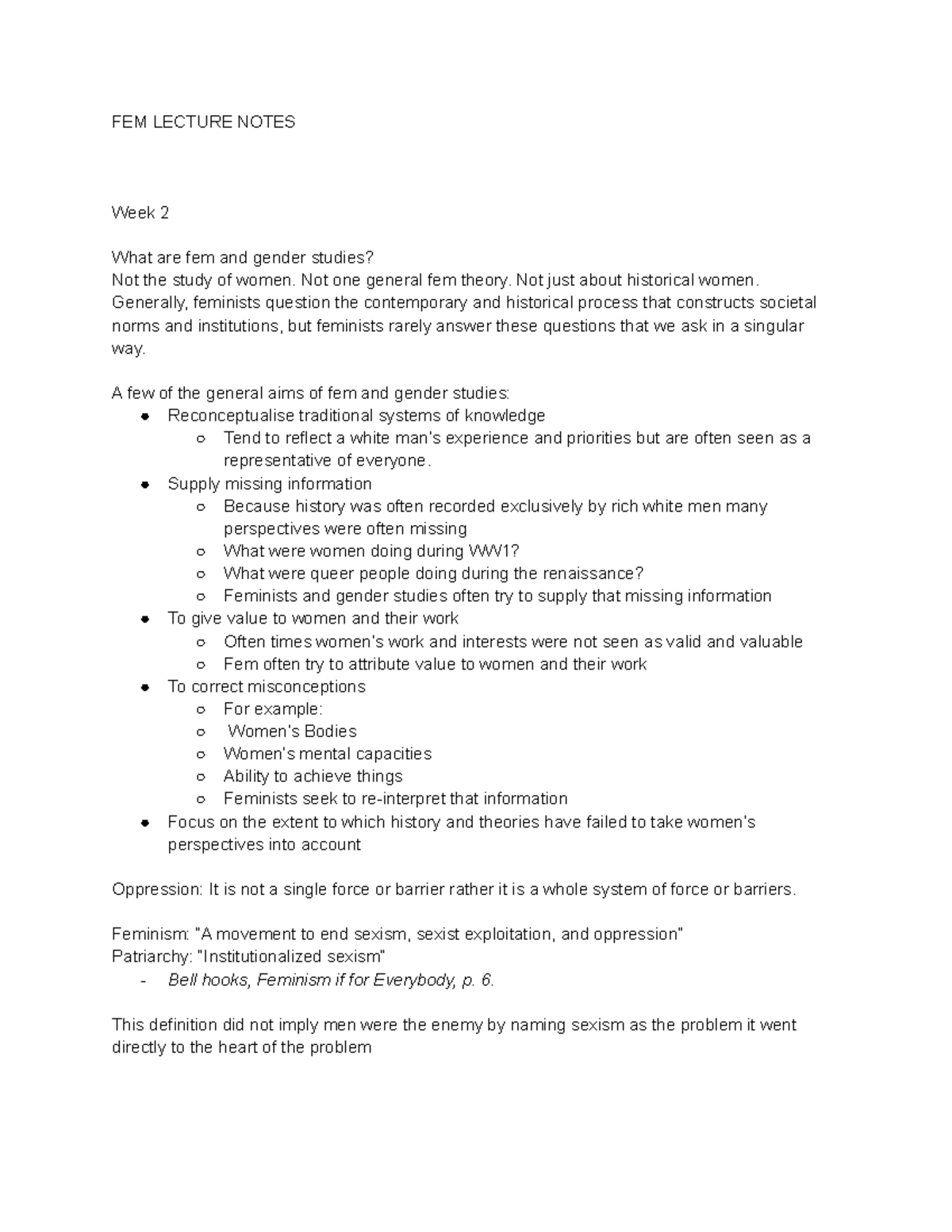 FEM LEC Notes - FEM LECTURE NOTES Week 2 What are fem and gender ...