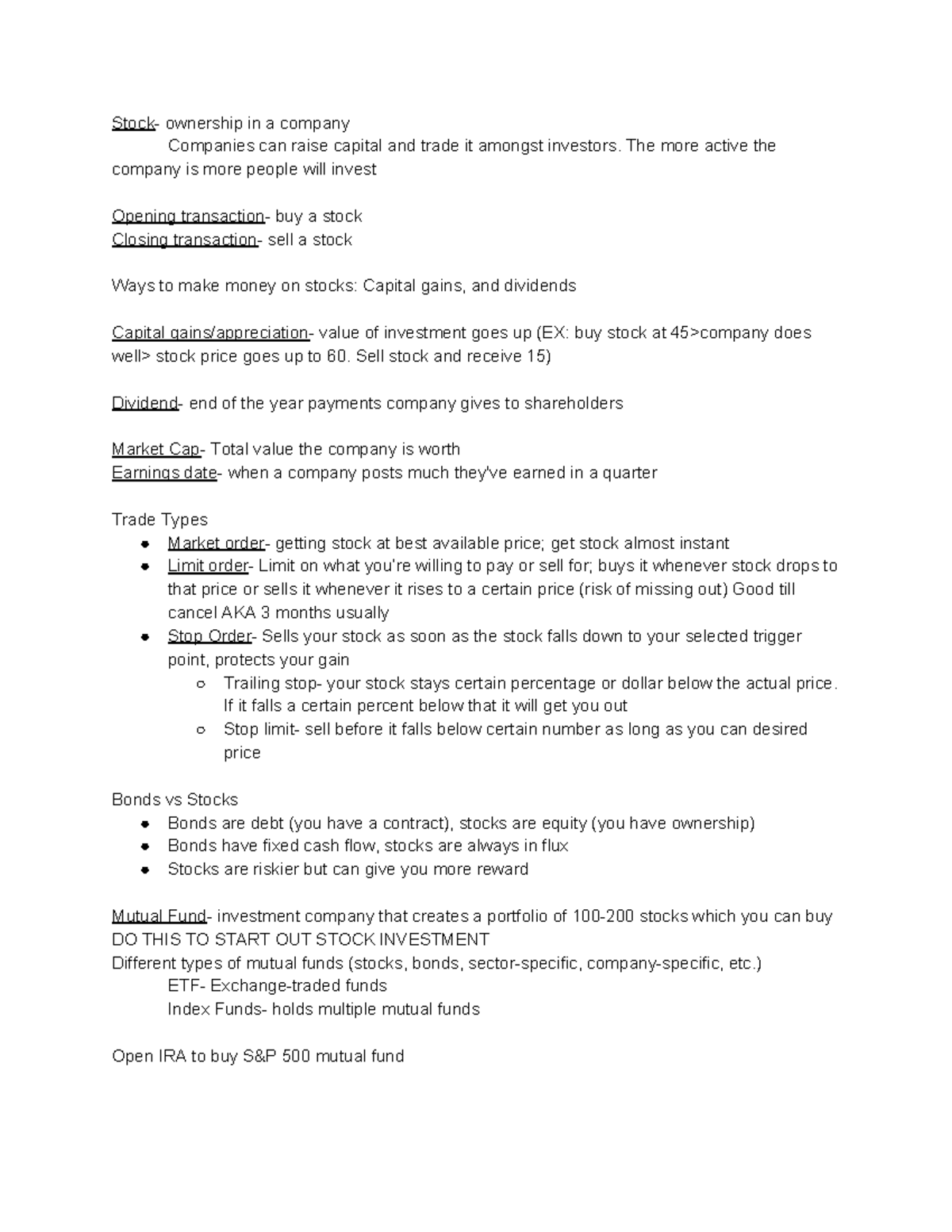 Stocks Notes - Defining and explaining topics that are mentioned during ...