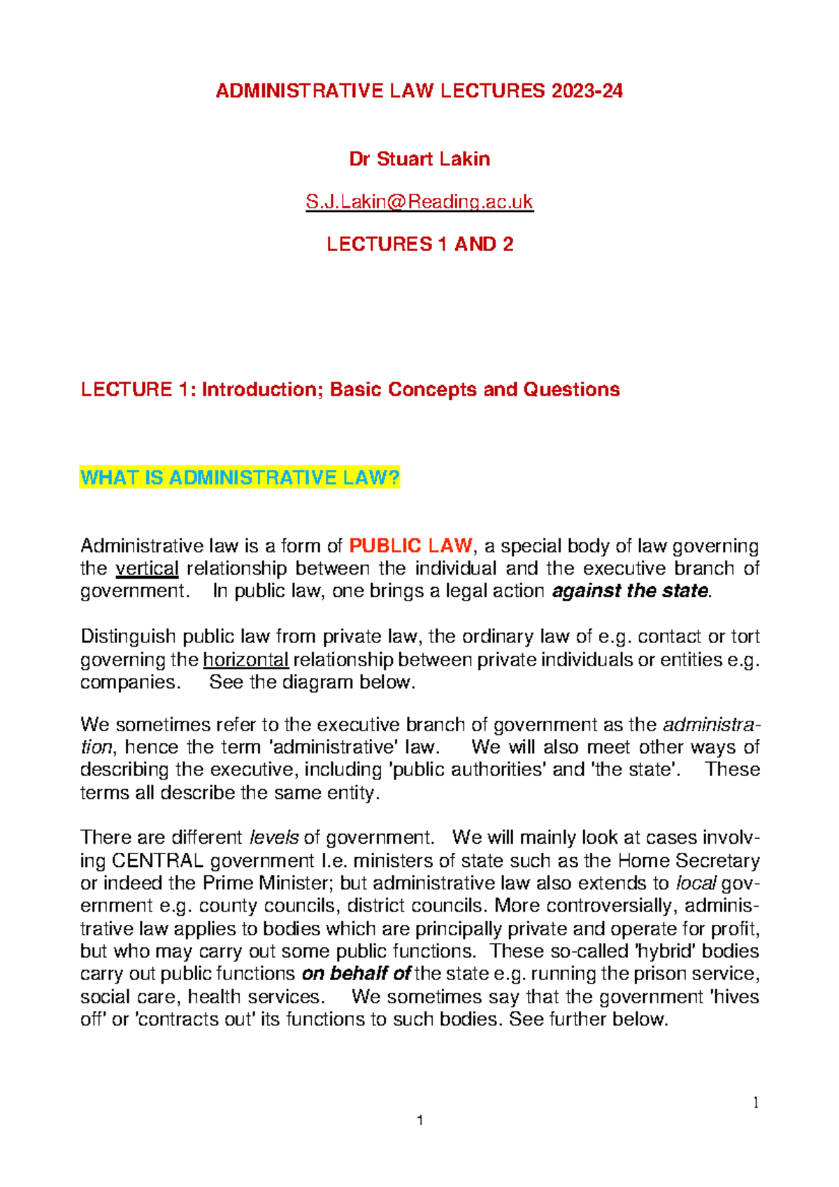 Lecture 1 - Introductory - 1 ADMINISTRATIVE LAW LECTURES 2023 - 24 Dr ...