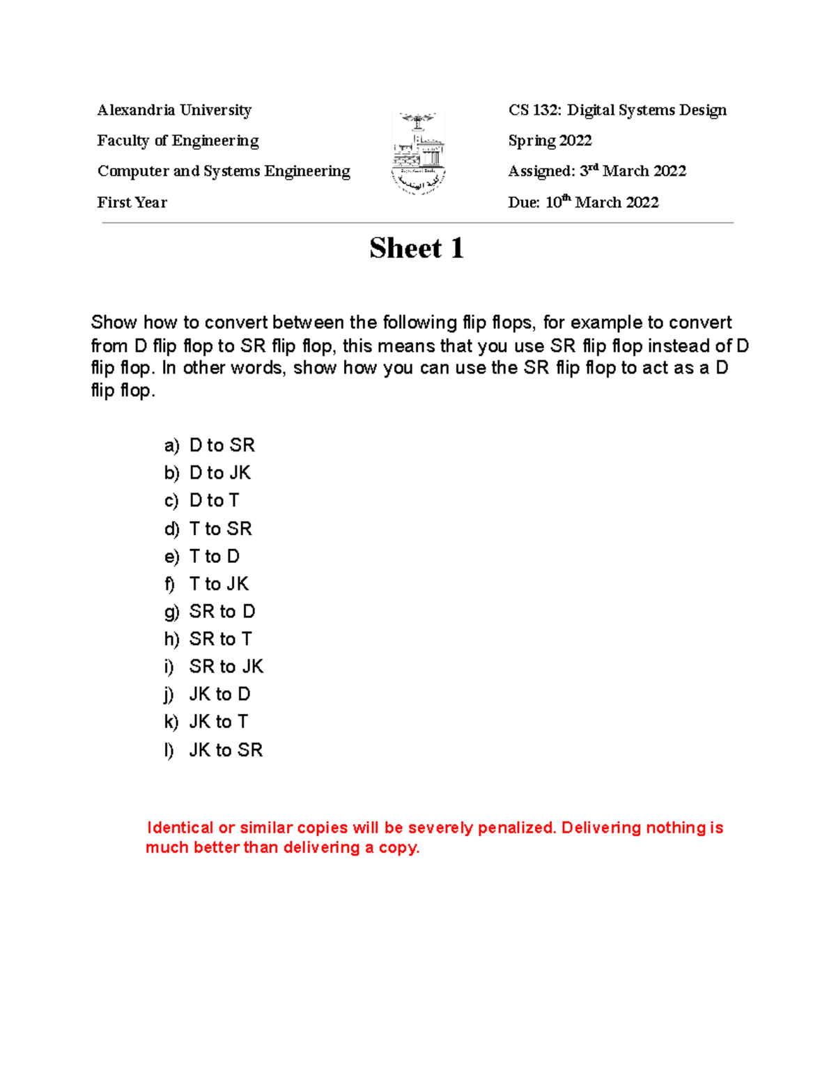CSE 132 Digital Sheet 1 - CSED - Alexandria University CS 132: Digital ...