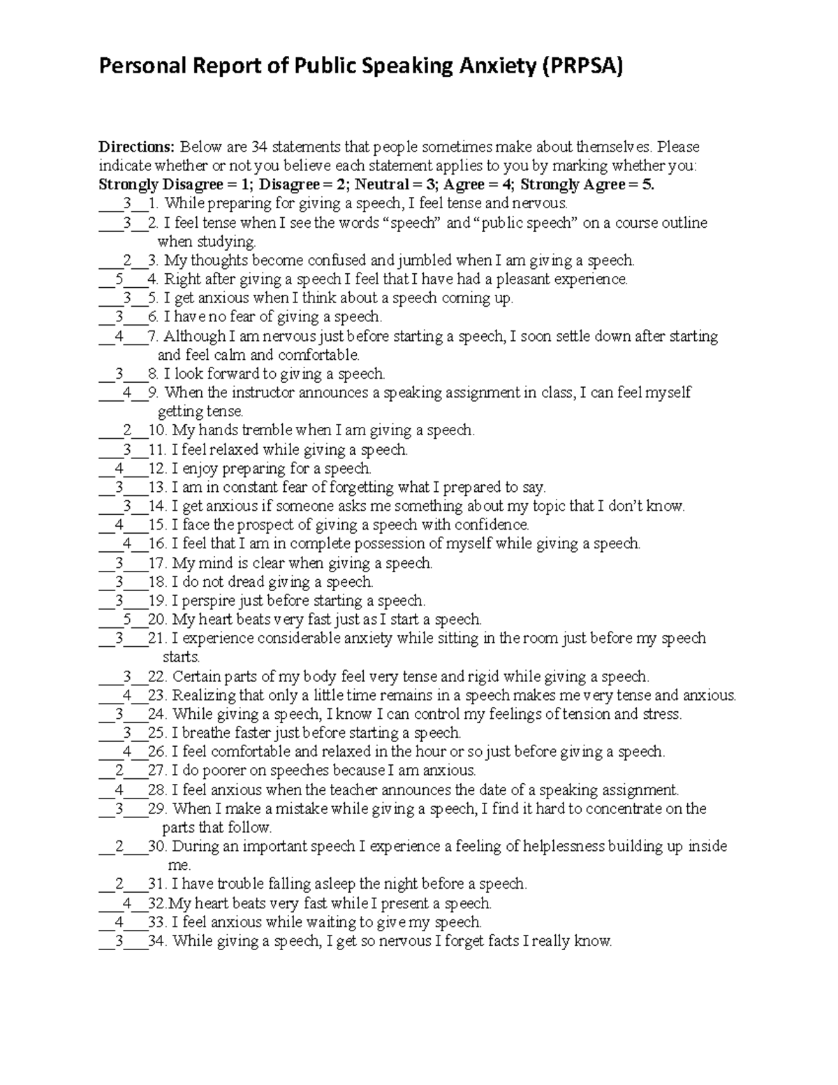 Prpsa - Speech - Personal Report of Public Speaking Anxiety (PRPSA ...