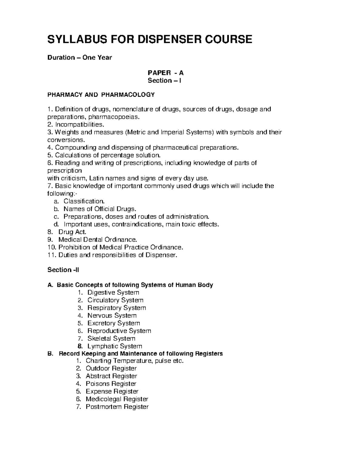 Dispenser - SYLLABUS FOR DISPENSER COURSE Duration – One Year PAPER - A ...