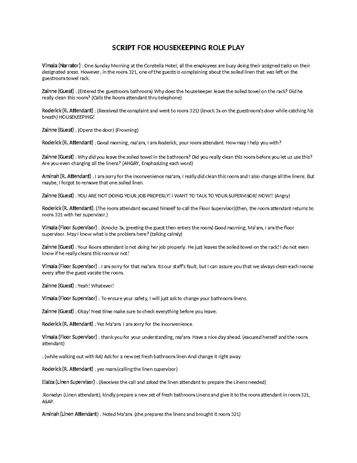 TLE- Roleplay - jdndjdejebejenebjje - SCRIPT FOR HOUSEKEEPING ROLE PLAY ...