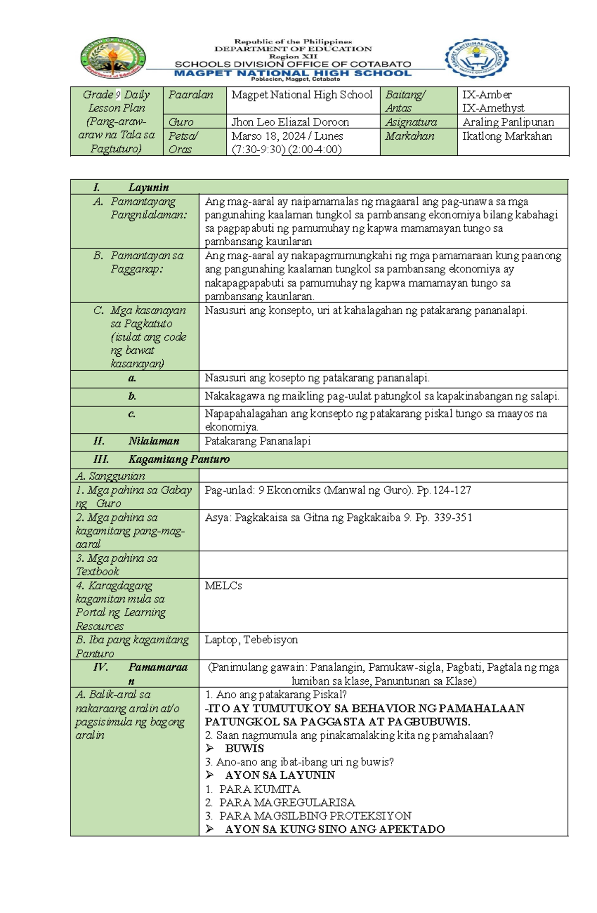 Patakarang pananalapi - Grade 9 Daily Lesson Plan (Pang-araw- araw na ...