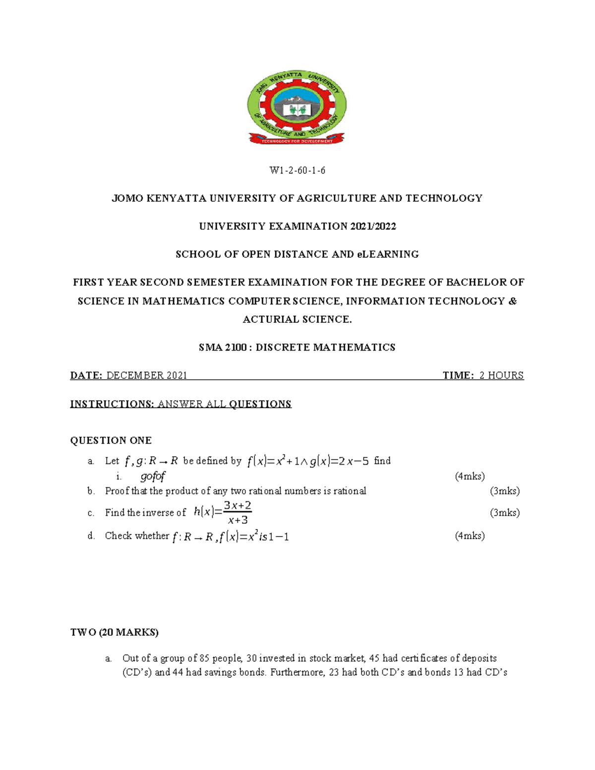 SMA 2100 - Discrete Mathematics CAT - W1-2-60-1- JOMO KENYATTA ...