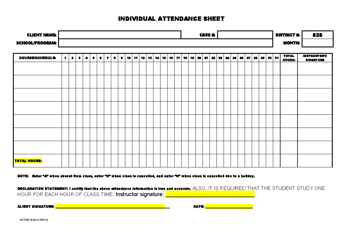 Blank School Attendance 24 - INDIVIDUAL ATTENDANCE SHEET CLIENT NAME ...