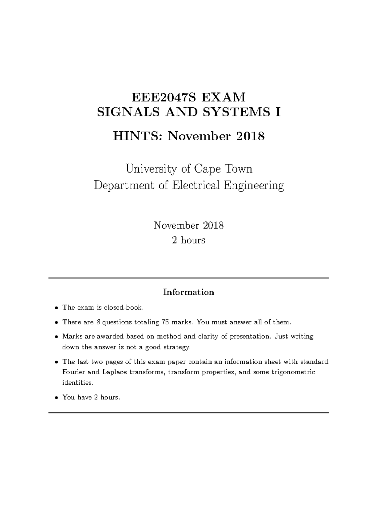 Exam2018 hint - EXAM PREP SUMMARY - EEE2047S EXAM SIGNALS AND SYSTEMS I ...