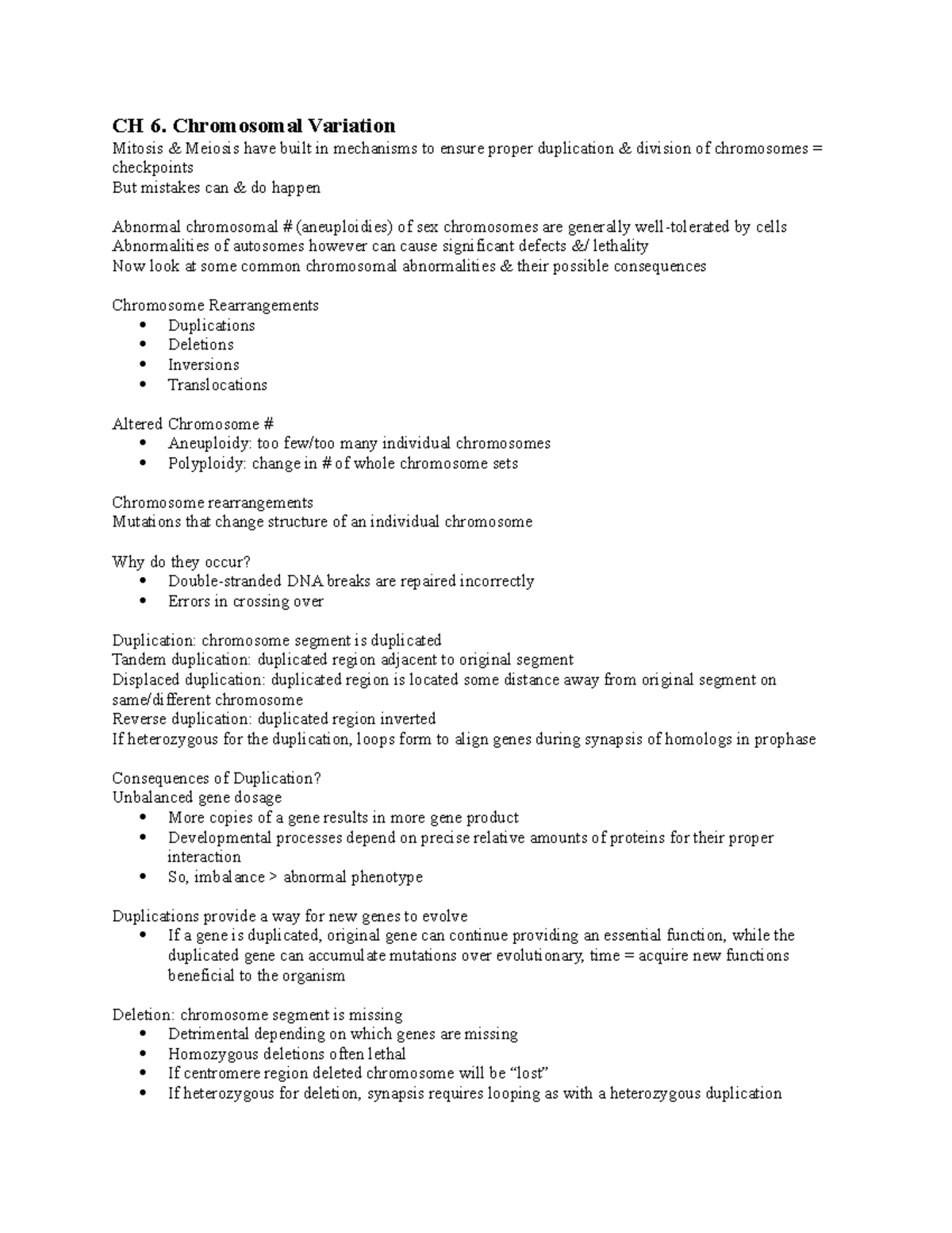 PCB 3063 CH 6 - Professor Matthew Tye - CH 6. Chromosomal Variation ...
