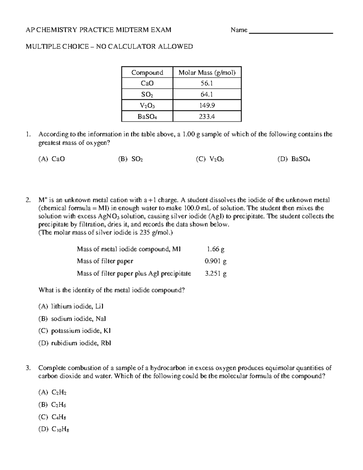AP Chemistry Practice Midterm Exam - AP CHEMISTRY PRACTICE MIDTERM EXAM ...