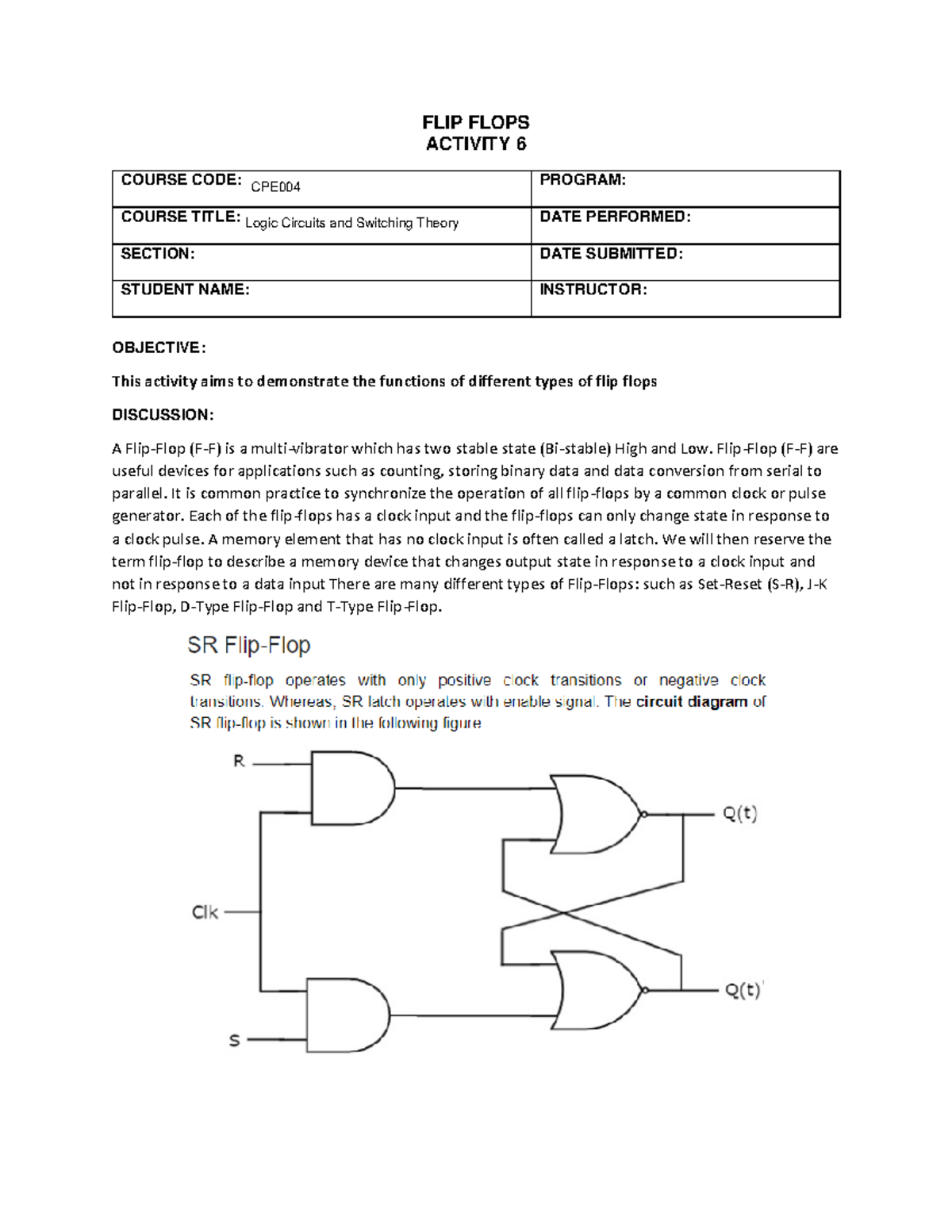 Edited 60 FLIP Flops - FLIP FLOPS ACTIVITY 6 OBJECTIVE: This activity ...