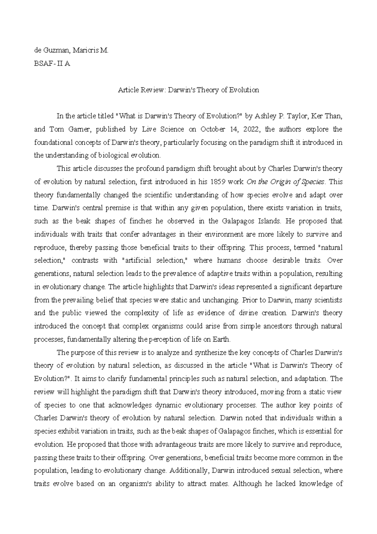 De Guzman, Maricris M - HUM111 - de Guzman, Maricris M. BSAF- II A Article Review: Darwin's ...