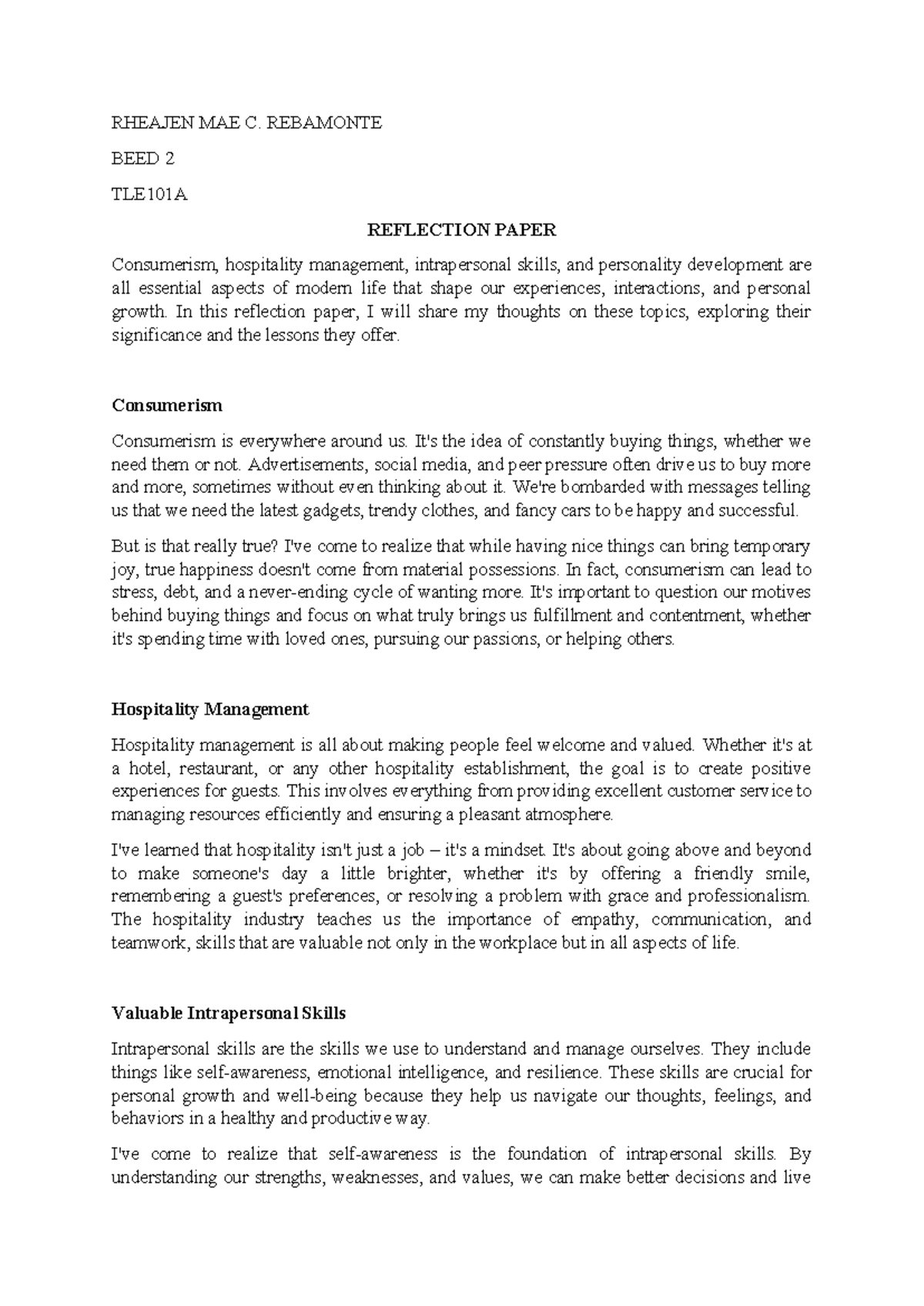 Reflection TLE - RHEAJEN MAE C. REBAMONTE BEED 2 TLE101A REFLECTION ...