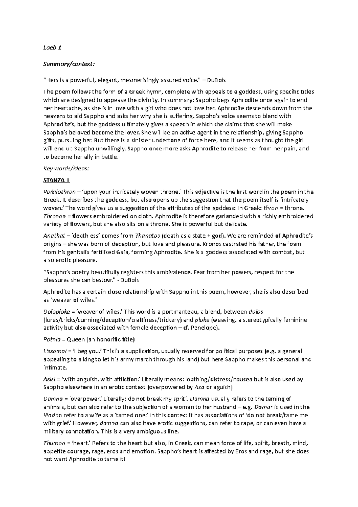 Sappho Loeb 1 full commentary - Loeb 1 Summary/context: “Hers is a ...