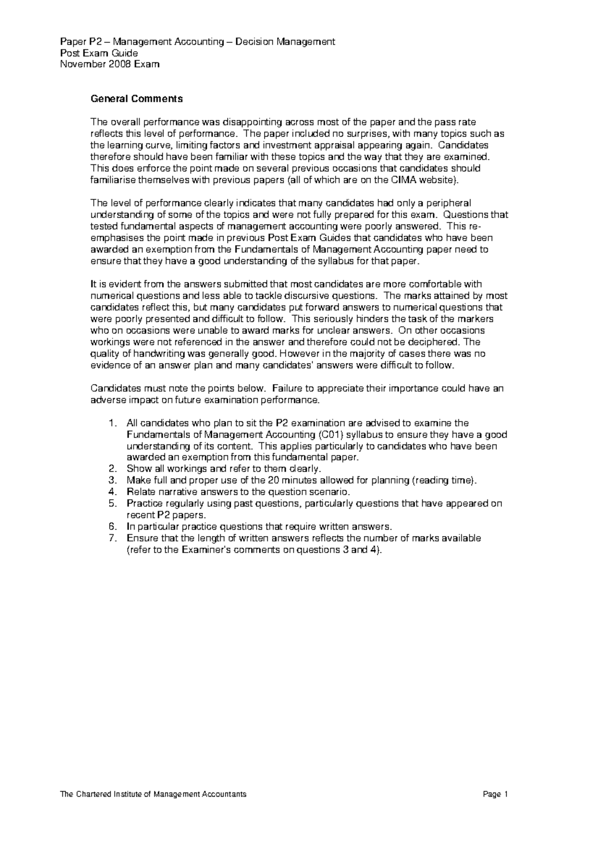 P2 Peg Final Version Cima P2 Post Exam Guide November 2008 Exam