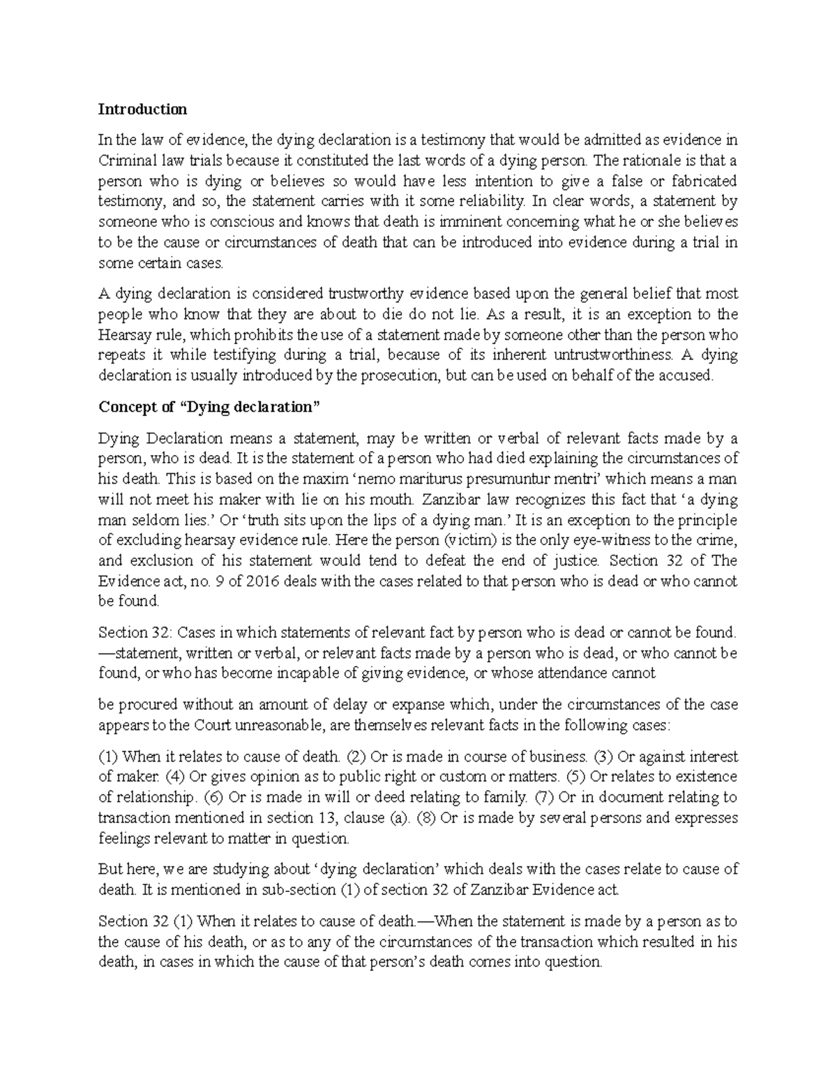 Introductiong - Good - Introduction In the law of evidence, the dying ...