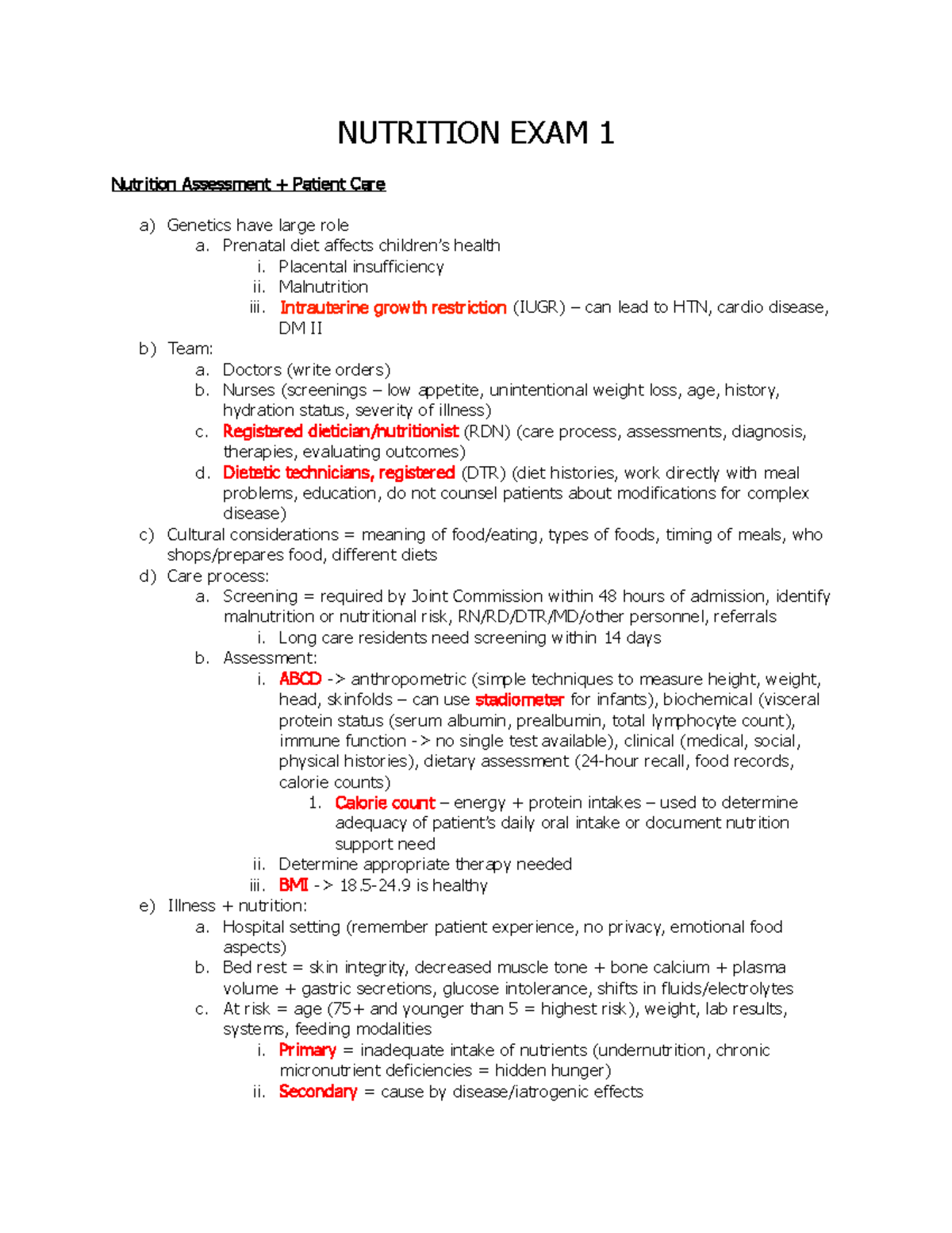 Nutrition exam 1 - NUTRITION EXAM 1 Nutrition Assessment + Patient Care ...