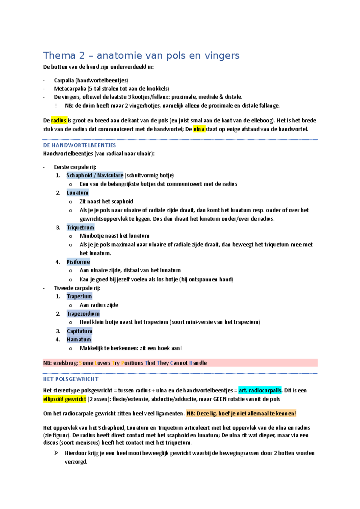 Overzicht anatomie pols en vingers (+ onderarm) obv college anatomie ...