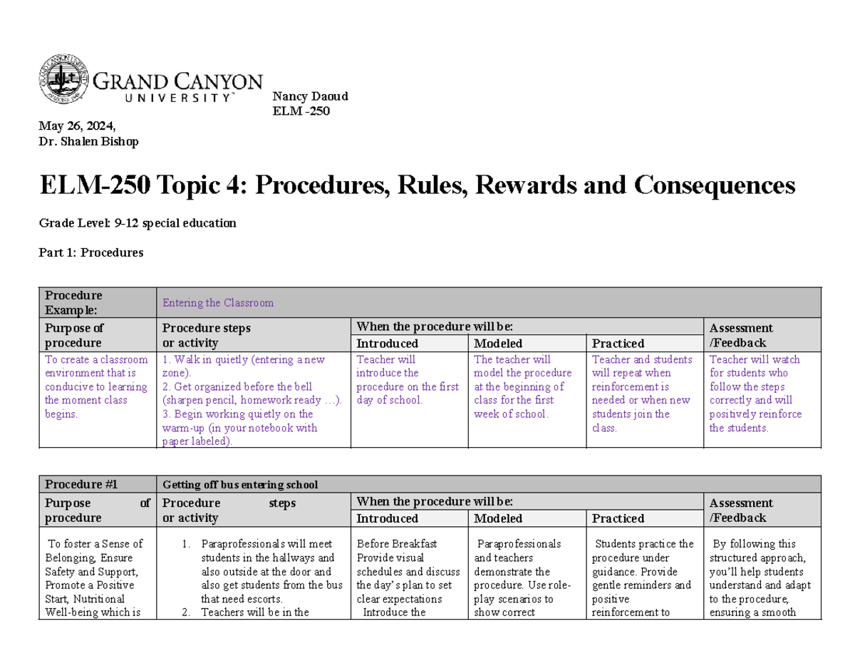 ELM-250 Classroom Procedures, Rules, Consequences, and Rewards - Nancy ...