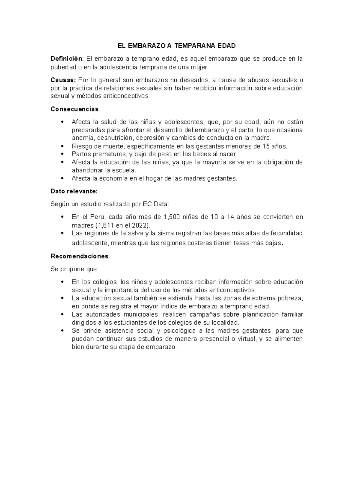 EL Embarazo A Temparana EDAD - EL EMBARAZO A TEMPARANA EDAD Definición ...