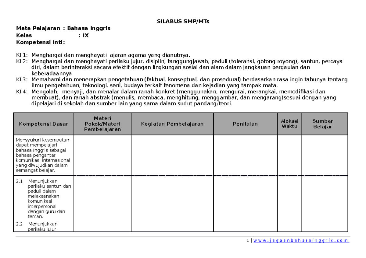 Silabus K13 SMP Kelas 9 - SILABUS SMP/MTs Mata Pelajaran : Bahasa ...