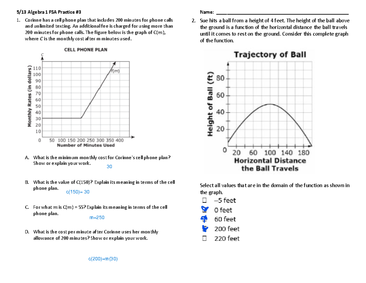 Alg 1 FSA Test Prep 3 - www - 1. Corinne has a cell phone plan that ...