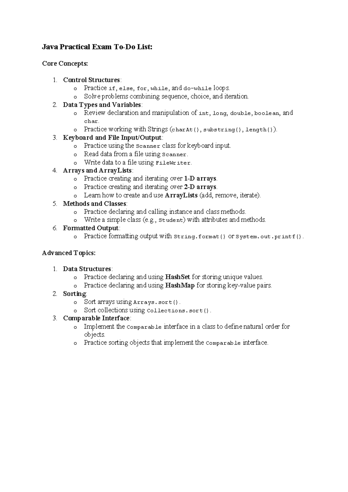 Topics to Cover for Exam - Java Practical Exam To-Do List: Core ...