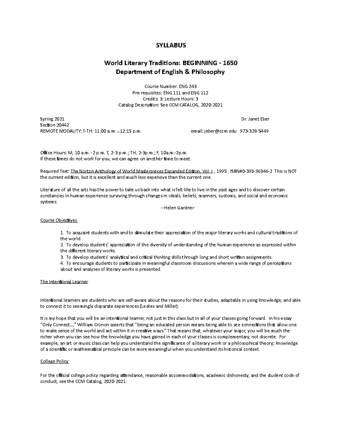 World Literature Beginnings to 1650 - SYLLABUS World Literary ...