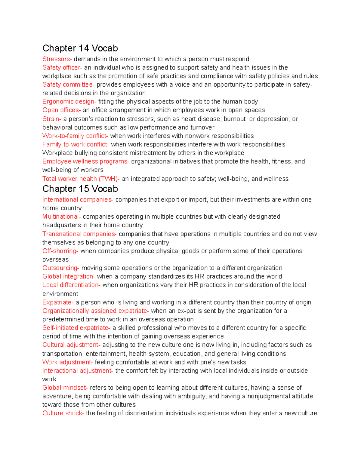 Chapter 14 Vocab - Chapter 14 Vocab Stressors- demands in the ...