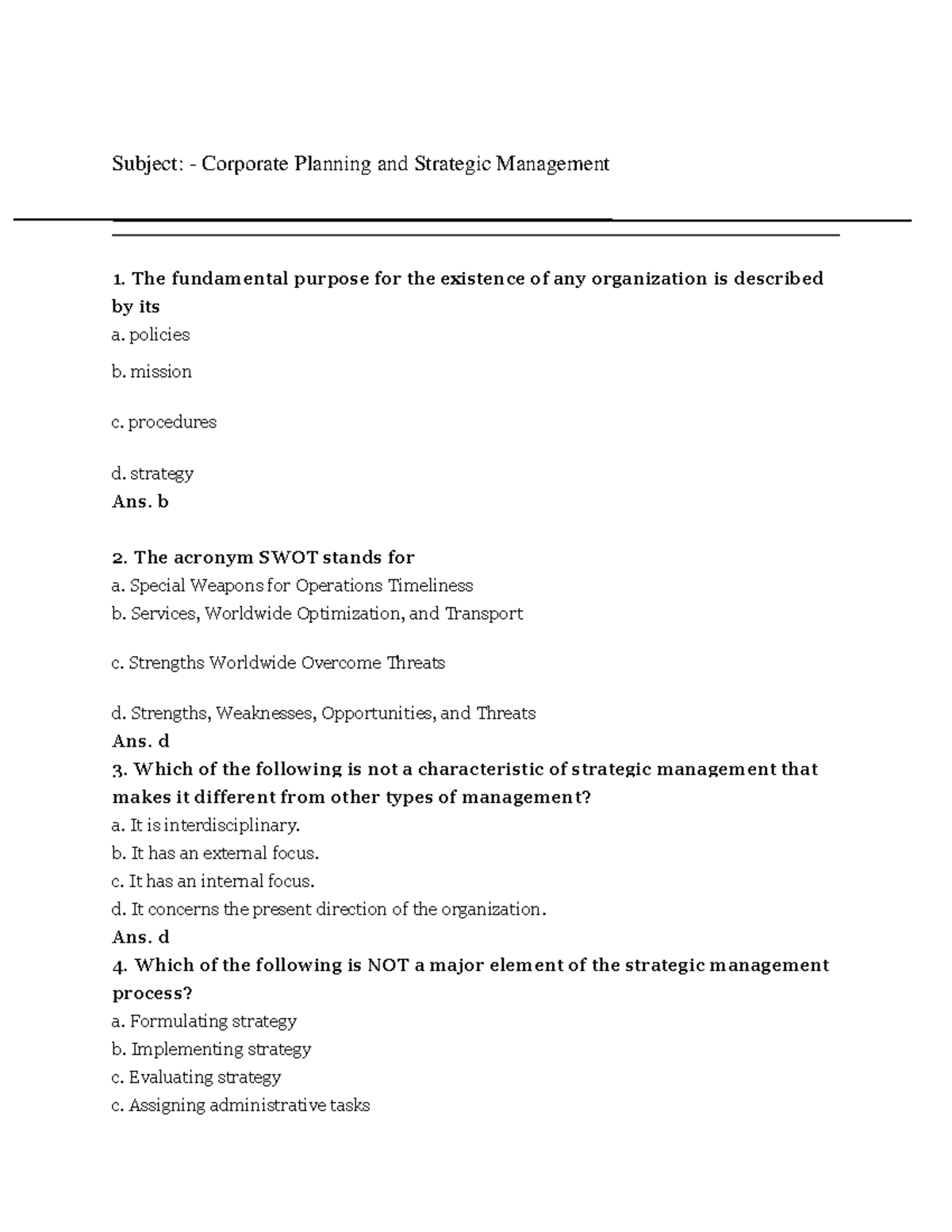 CPSM QB - CPSM complete Book - Subject: - Corporate Planning and ...