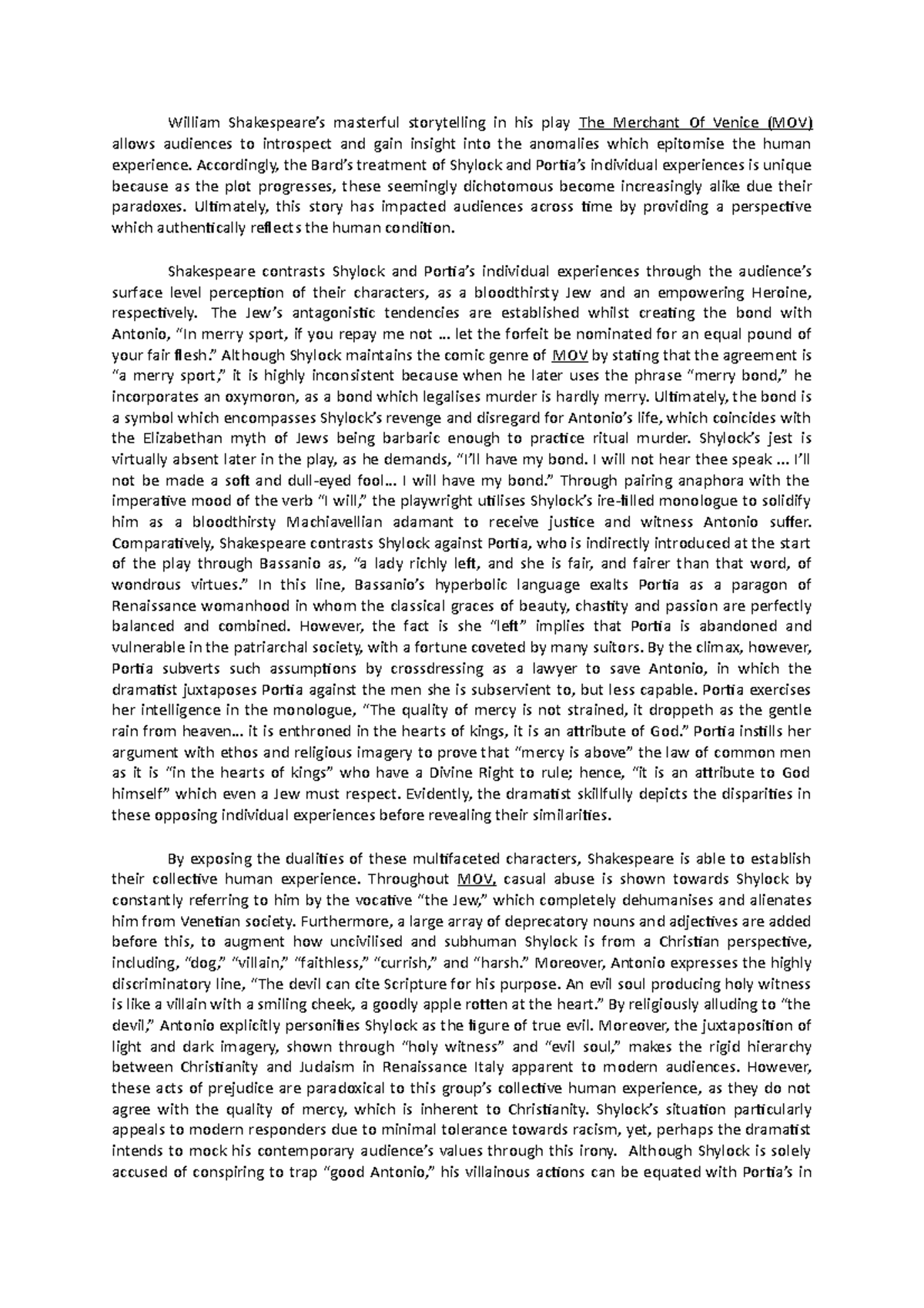 2020 EA Common Module The Merchant Of Venice Essay Leah Fewtrell ...