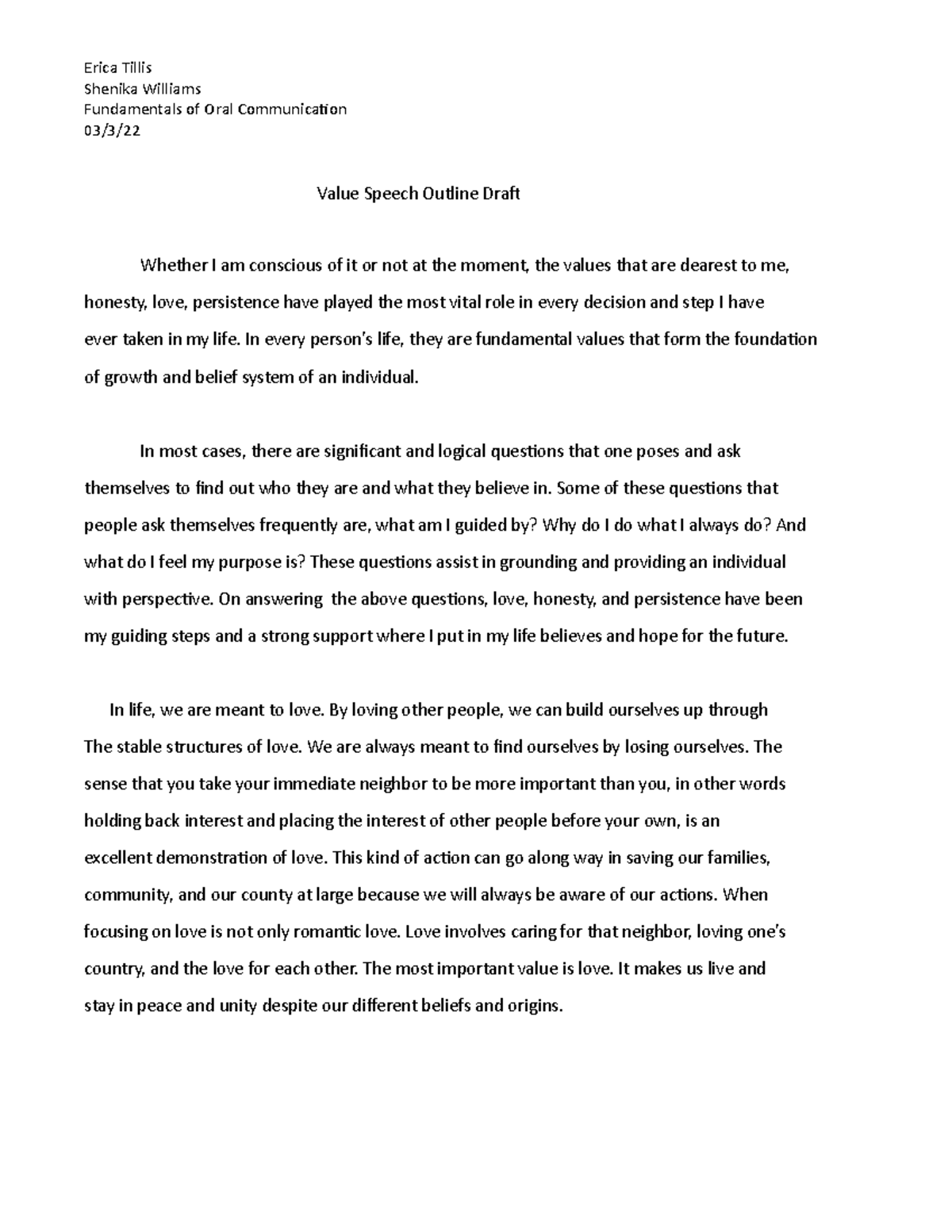 Value Speech Outline Draft - Erica Tillis Shenika Williams Fundamentals ...