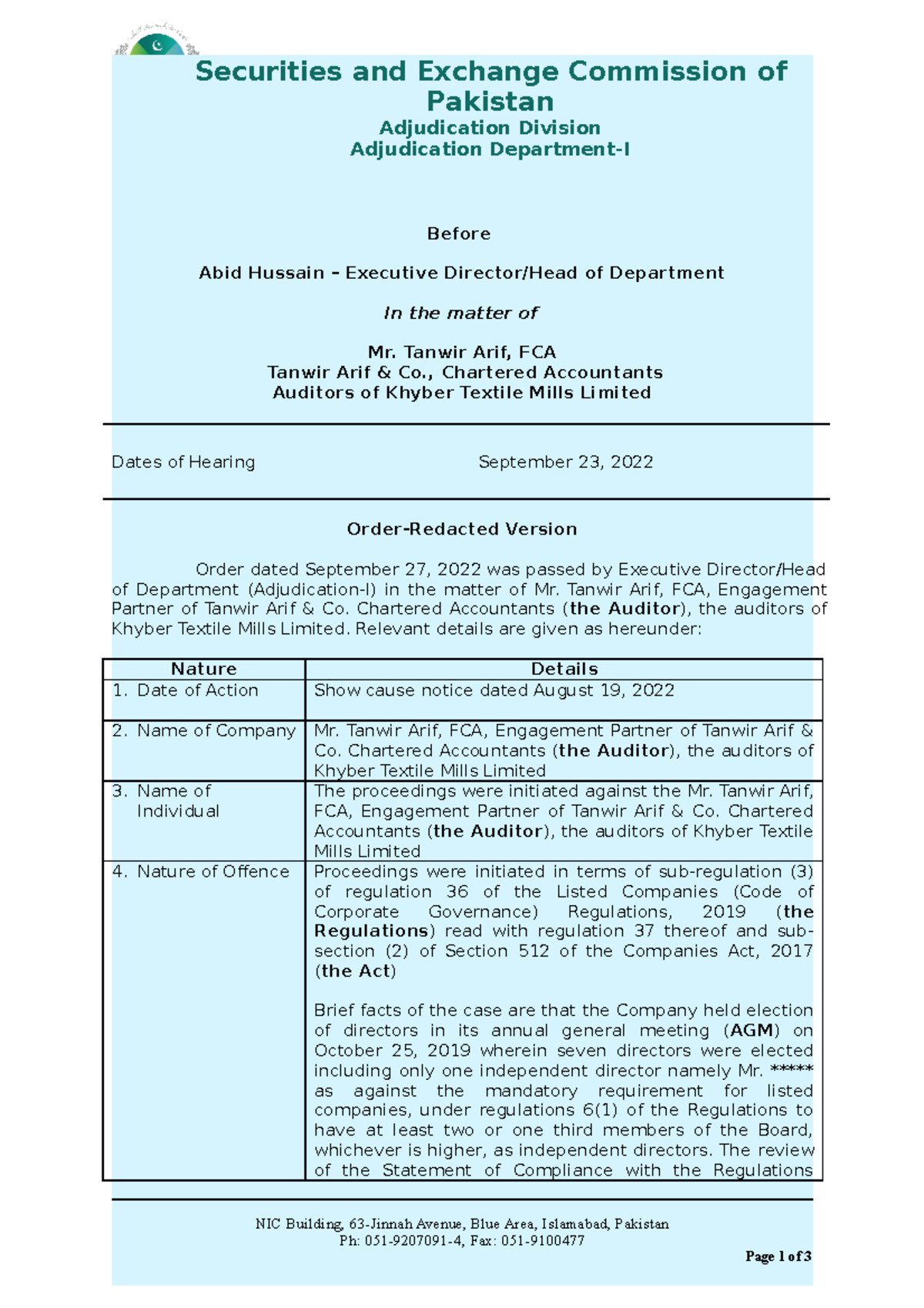 Tanwir Arif Auditor Khyber Textile Mills Limited reg - Securities and ...