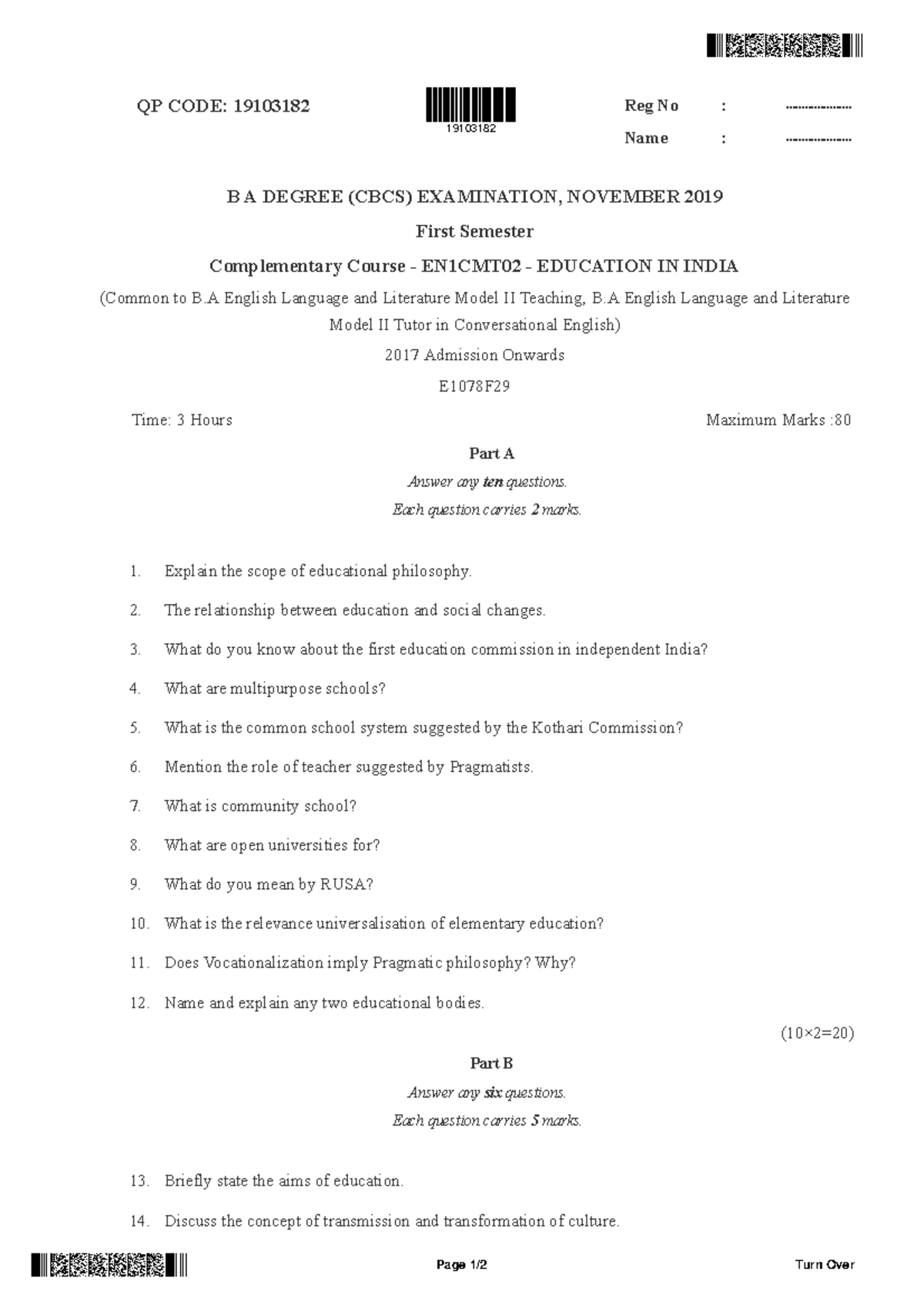 Education-in-India - Question papers - QP CODE: 19103182 Reg No ...
