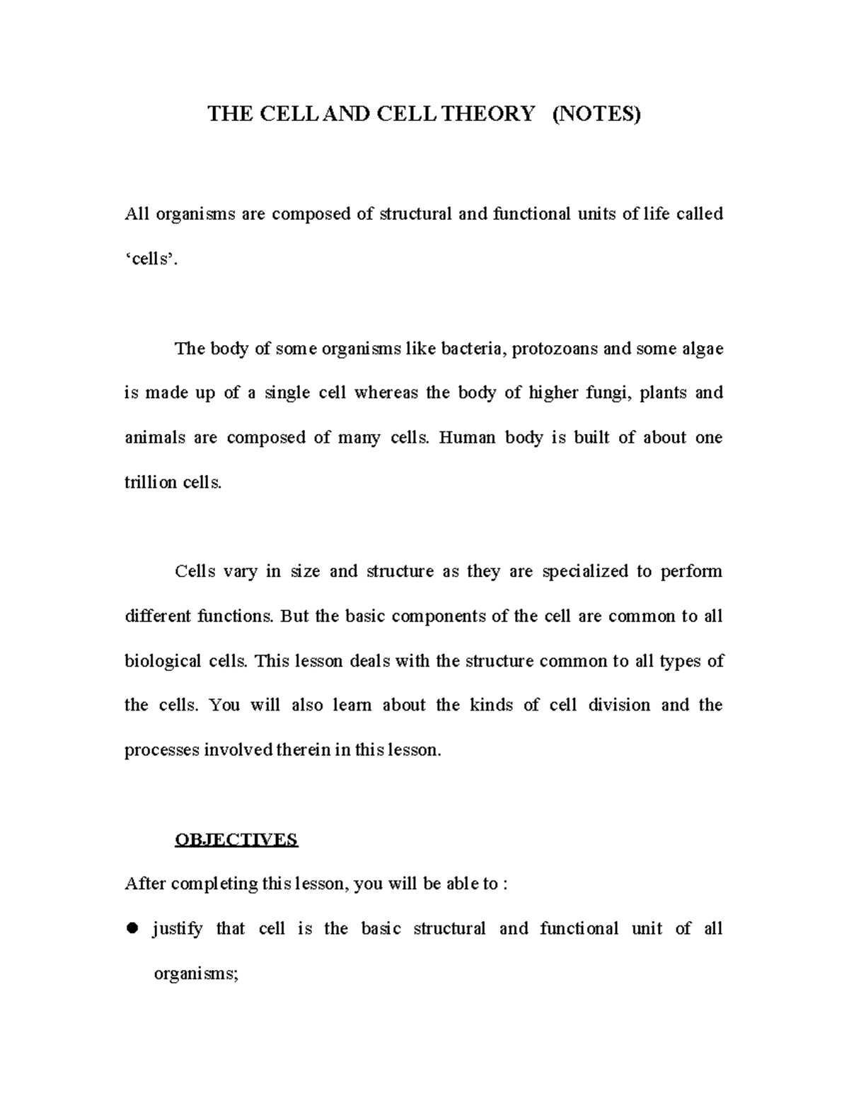 THE CELL AND CELL Theory ( Notes) - THE CELL AND CELL THEORY (NOTES ...