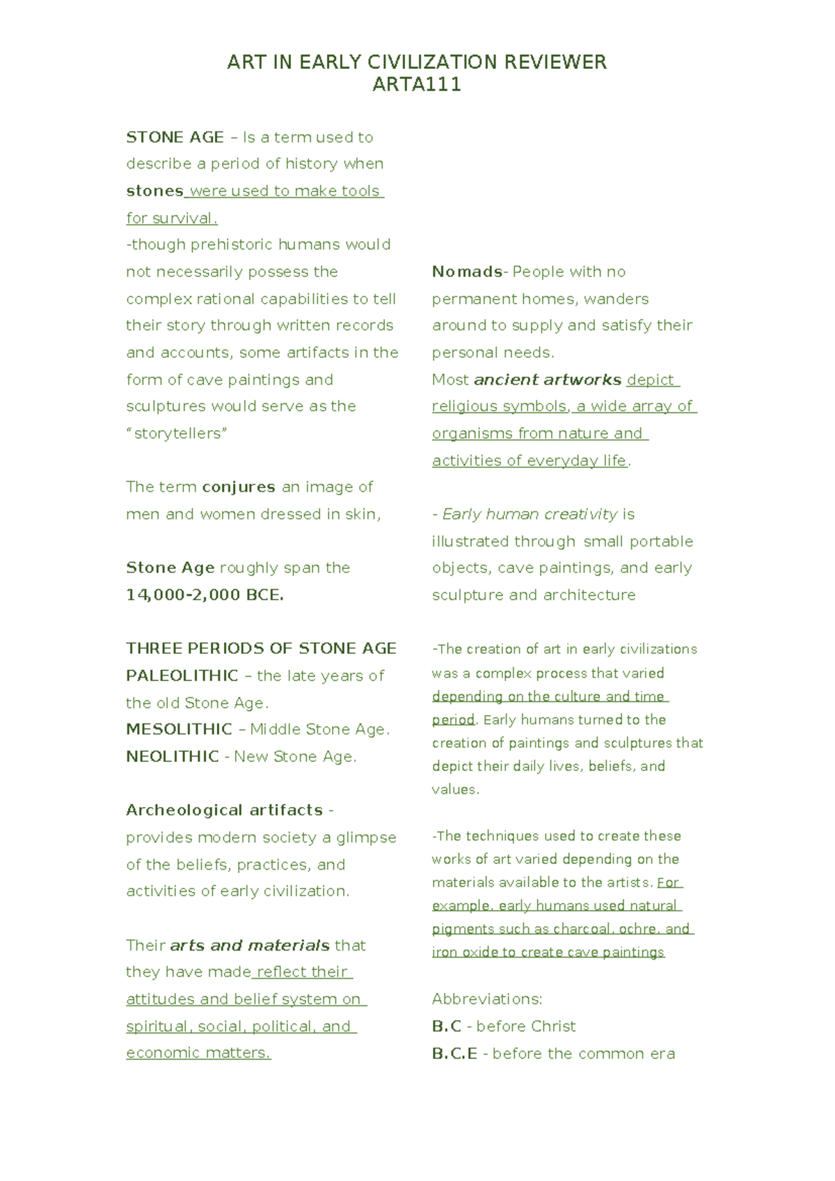 ART IN Early Civilization Reviewer - ART IN EARLY CIVILIZATION REVIEWER ...