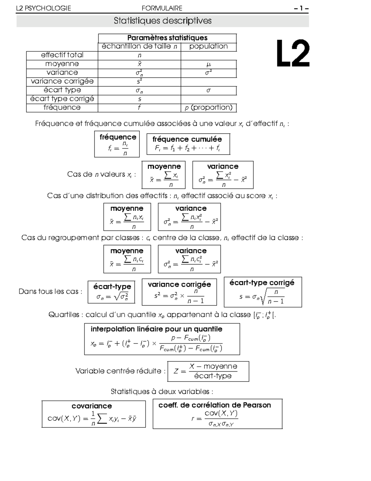Formulaire L2 2017-2018 - L Statistiques descriptives Paramètres ...