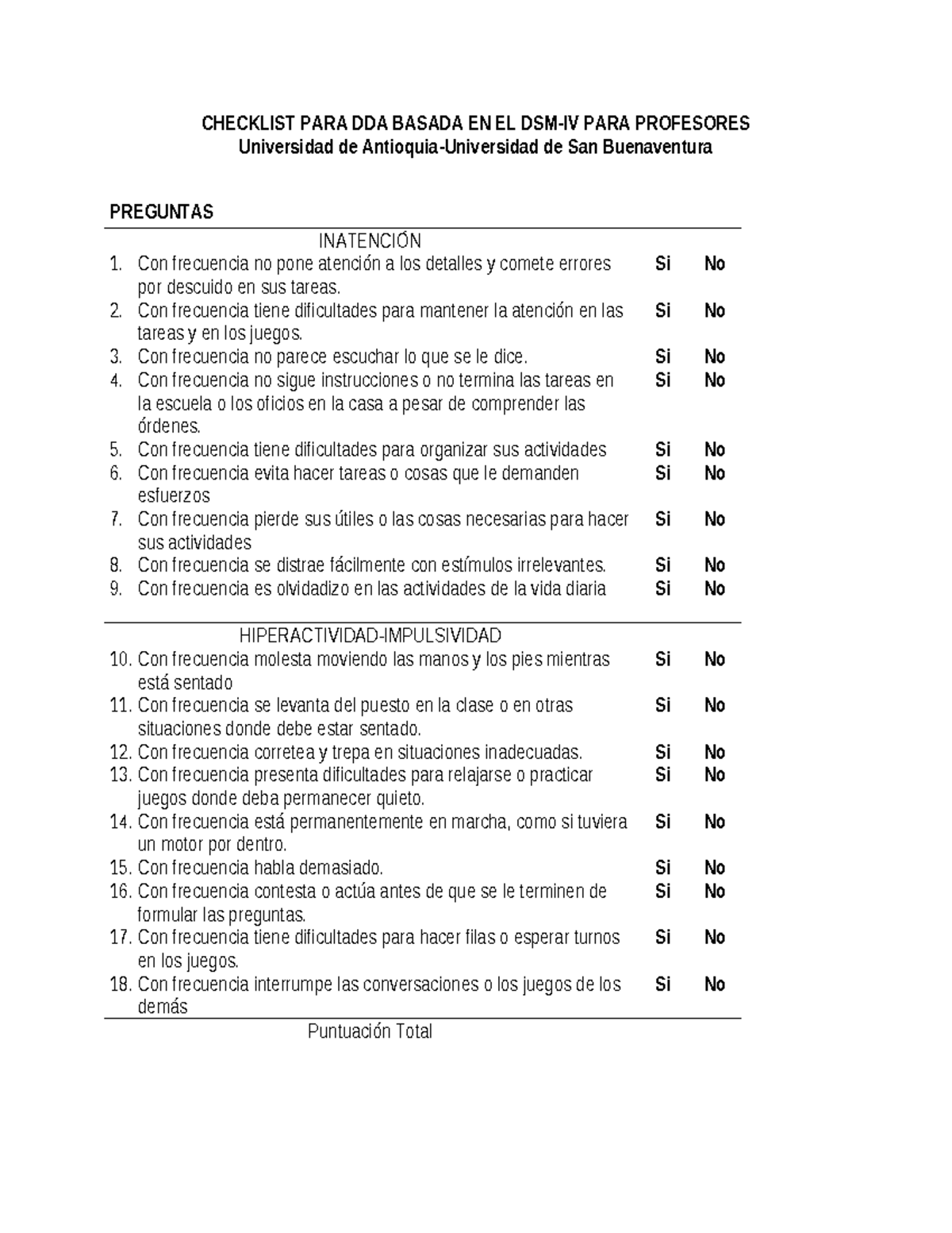 Checklist PARA Maestros - CHECKLIST PARA DDA BASADA EN EL DSM-IV PARA ...