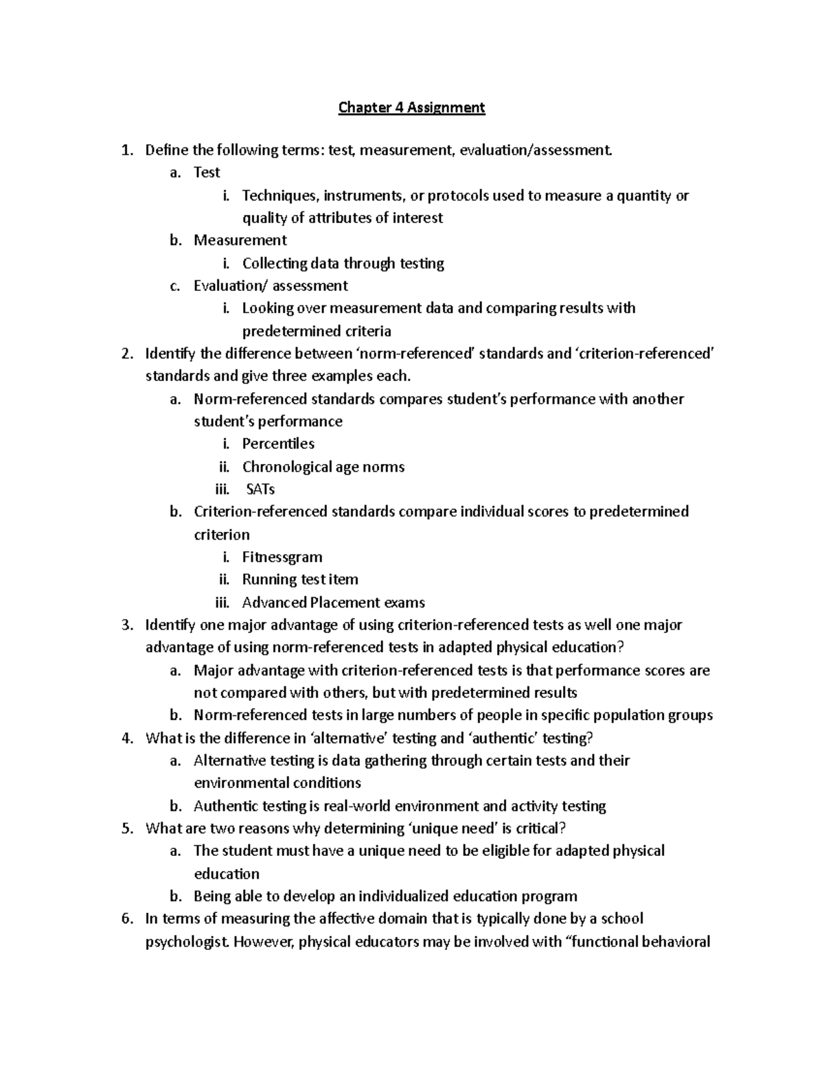 Chapter 4 Assignment - Chapter 4 Assignment Define the following terms ...