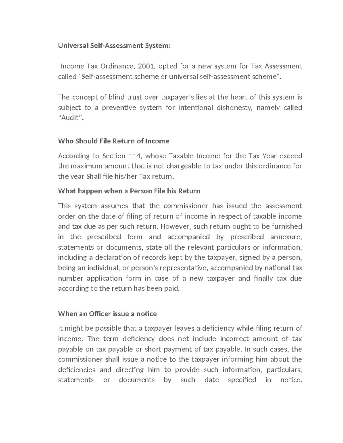 Universal Self Assessment - Universal Self-Assessment System: Income ...