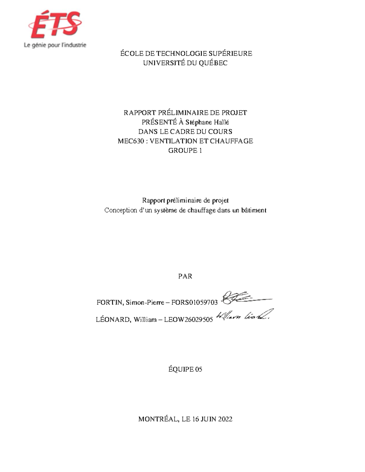 EQ05 - Rapport préliminaire - MEC 630 - ÉCOLE DE TECHNOLOGIE SUPÉRIEURE ...