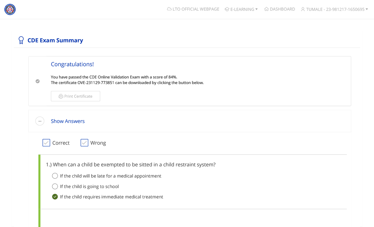 LTMS CDE - LTO questions and answers - CDE Exam Summary Congratulations ...