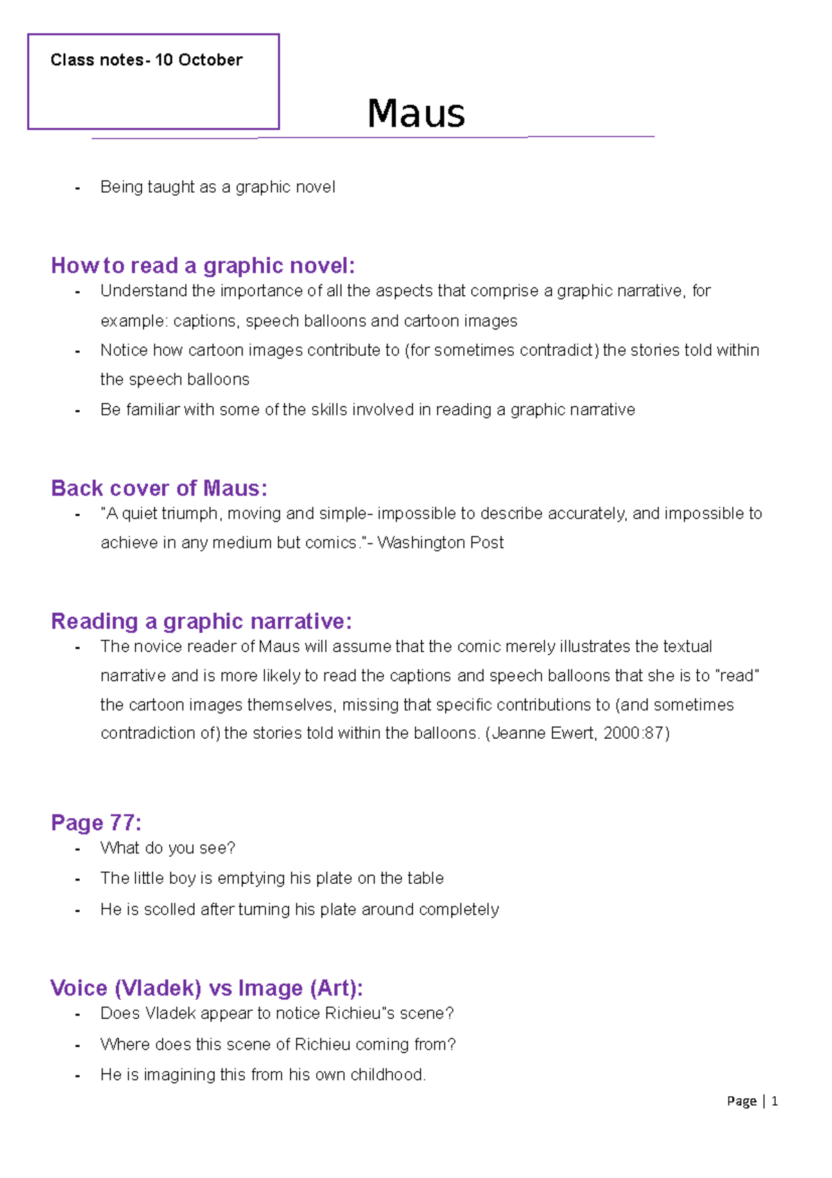 MAUS- Class Notes - Class notes- 10 October Maus - Being taught as a ...