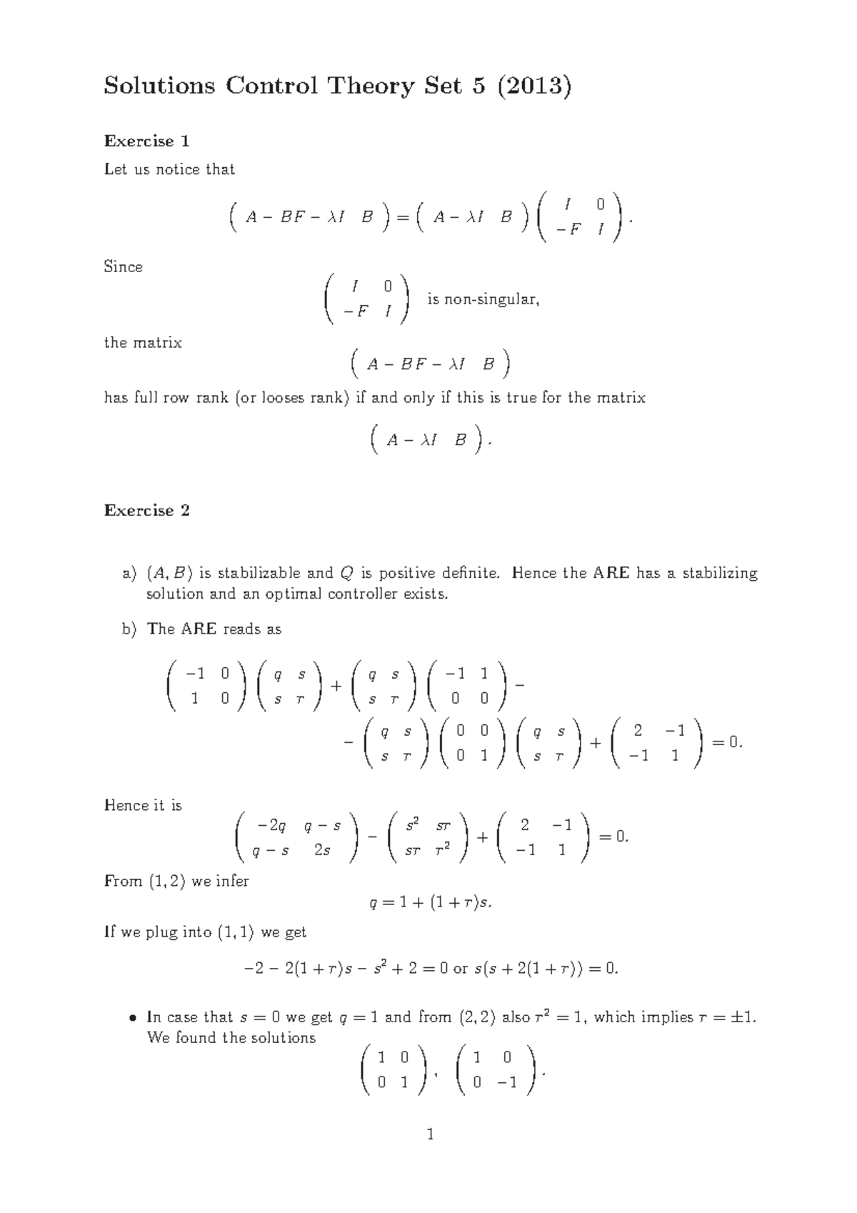 Compulsory declarations, answer - Set 5 2013 - Solutions Control Theory Set 5 (2013) Exercise 1 ...
