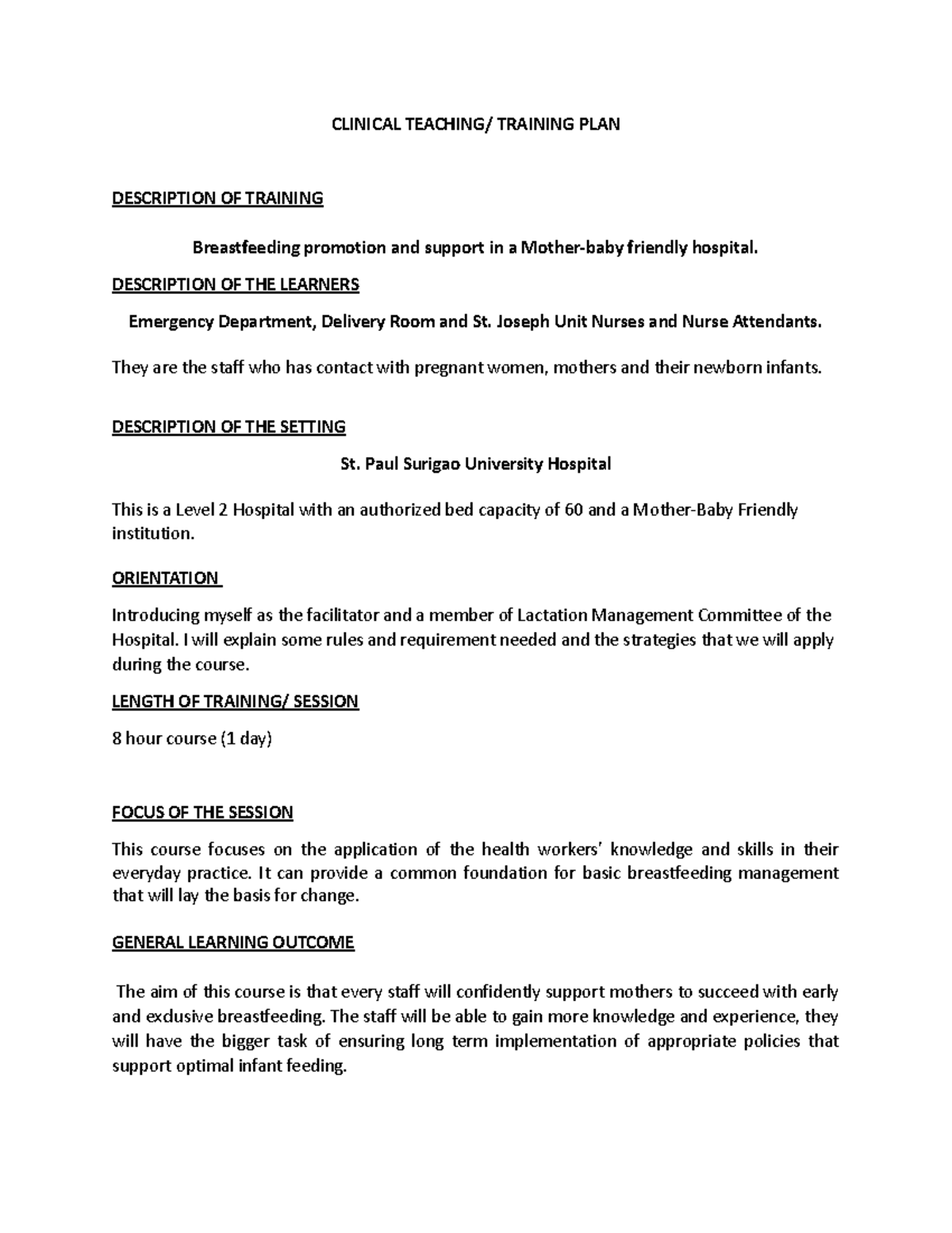 Clinical Teaching PLAN - CLINICAL TEACHING/ TRAINING PLAN DESCRIPTION ...