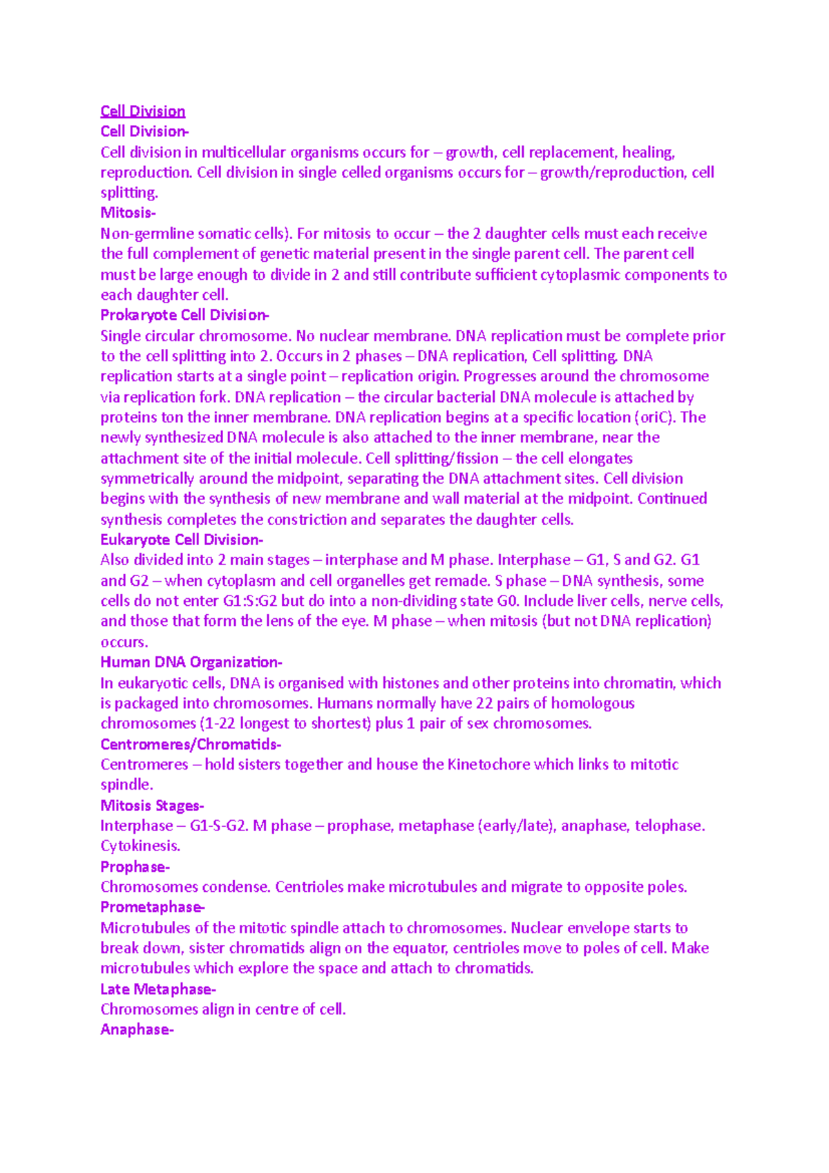 Cell Division - Lecture notes - Cell Division Cell Division- Cell ...