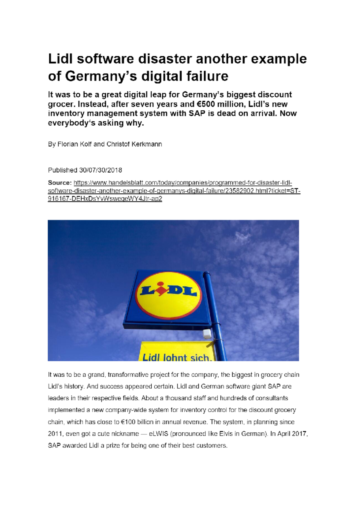 Tutorial w8 Lidl software disaster another example of Germany - KIT710 ...