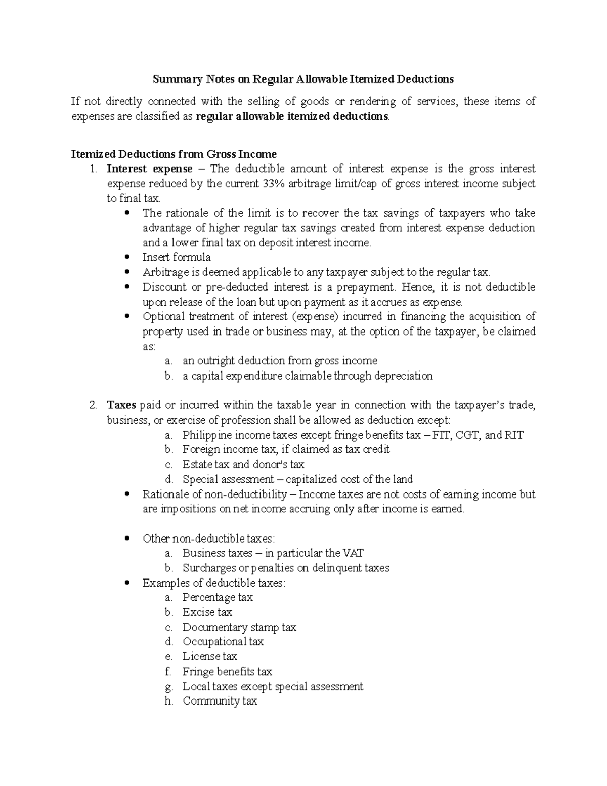 Summary Notes on Regular Allowable Itemized Deductions - Itemized ...