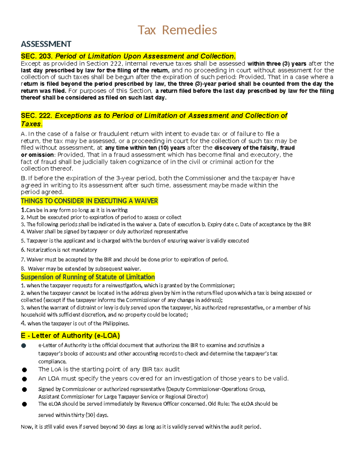 Tax Remedies notes - bjbjjgjgjggjg - Tax Remedies ASSESSMENT SEC. 203 ...